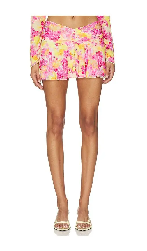 INDAH Leo Printed Crossover Gathered Band Mini Skirt In Yellow,pink