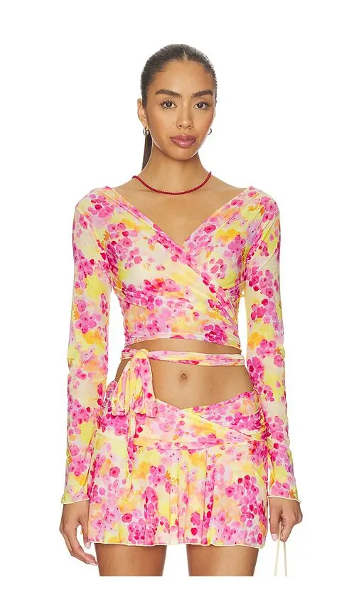 INDAH Lori Printed Long Sleeve Wrap Top In Yellow,pink - Romance