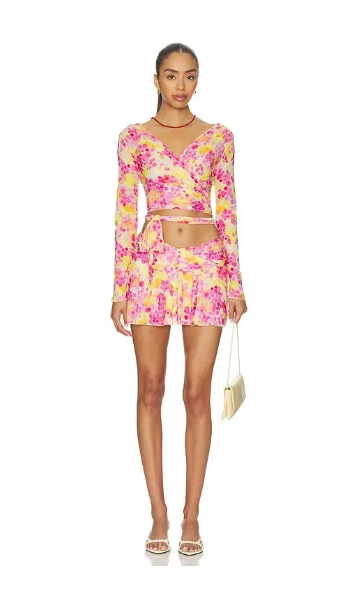 INDAH Lori Printed Long Sleeve Wrap Top In Yellow,pink