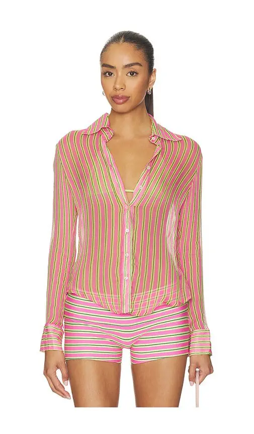INDAH Rhode Printed Long Sleeve Button Up Fitted Shirt In Pink,green