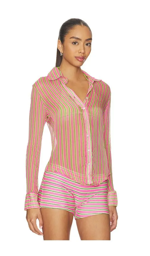 INDAH Rhode Printed Long Sleeve Button Up Fitted Shirt In Pink,green