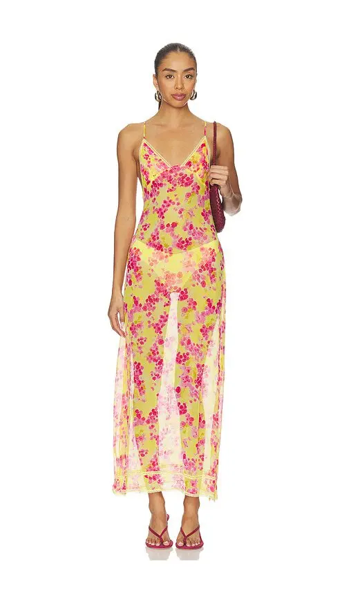 INDAH Priscilla Printed Lace Trim Triangle Bust Slip Dress In Yellow,pink - Romance