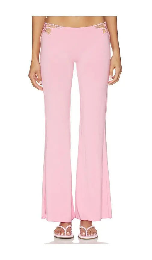 INDAH Valentina Solid Low Rise Long Pant With Embroidered Rose Kerawang Detail In Pink - Ballet