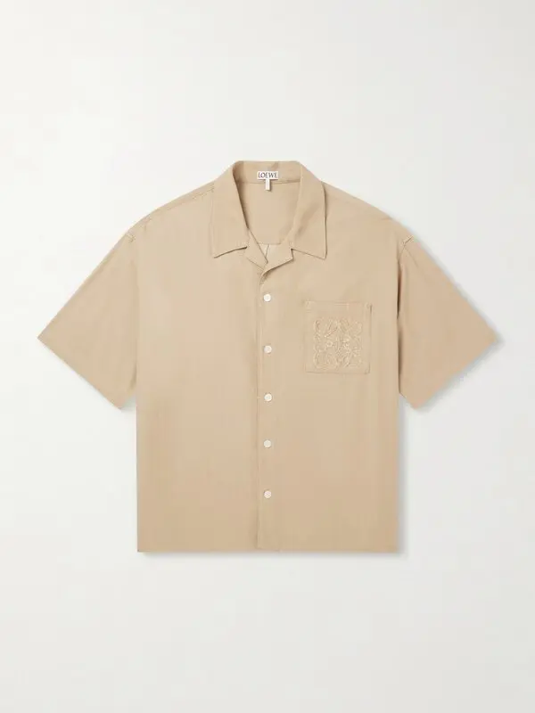 Loewe Camp-collar Anagram-detailed Cotton-twill Shirt - Neutrals