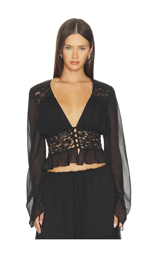 Arcina Ori Alessandra Cropped Lace Trimmed Chiffon Blouse - Black