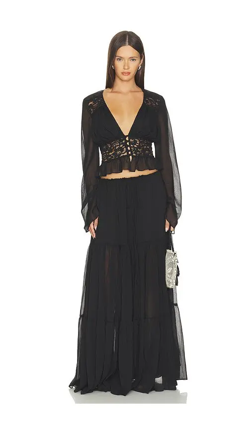 Arcina Ori Alessandra Cropped Lace Trimmed Chiffon Blouse - Black