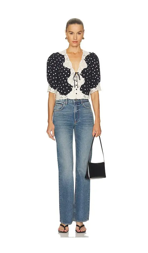 Rixo Ursula Polka Dot Chiffon Top With Lace Trim