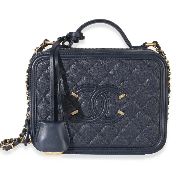 Chanel Navy Quilted Caviar Filigree Case - Blue
