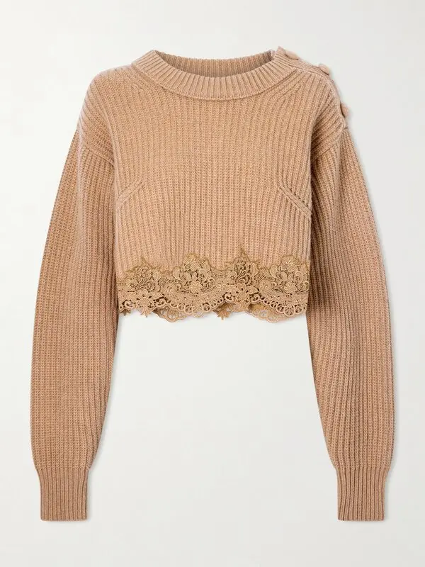 Chloé Lace-trimmed Wool And Cashmere-blend Cropped Sweater - Brown