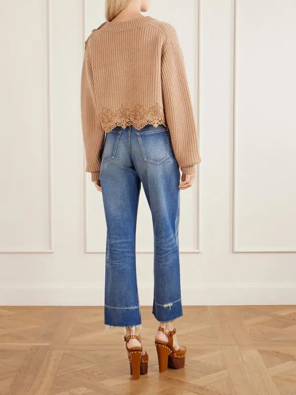 Chloé Lace-trimmed Wool And Cashmere-blend Cropped Sweater - Brown