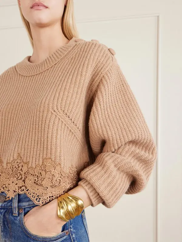 Chloé Lace-trimmed Wool And Cashmere-blend Cropped Sweater - Brown