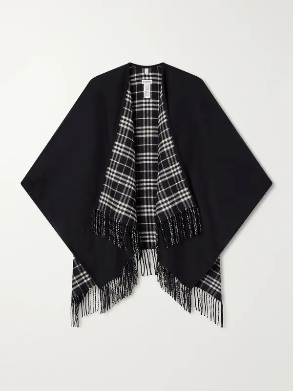 Burberry Reversible Fringed Checked Wool Cape - Black