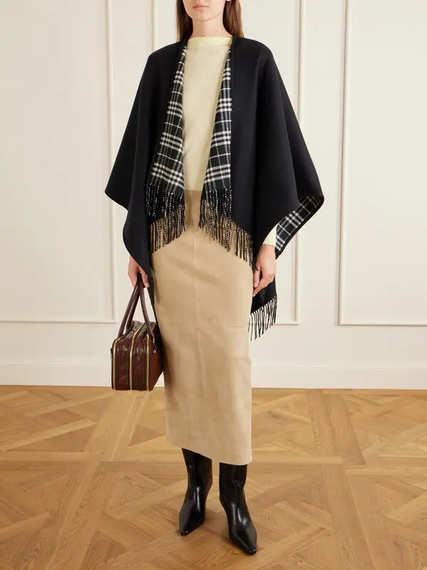 Burberry Reversible Fringed Checked Wool Cape - Black