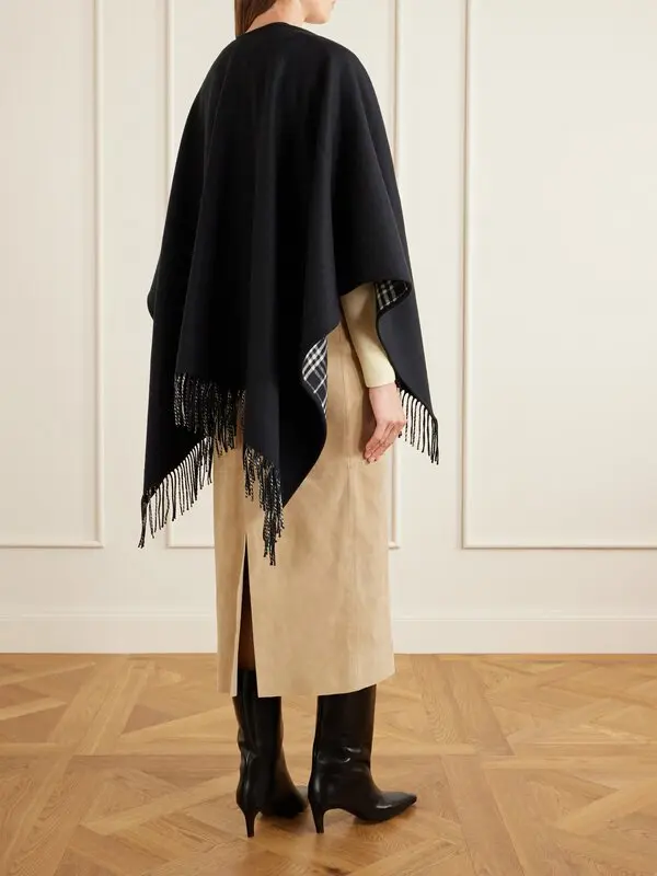 Burberry Reversible Fringed Checked Wool Cape - Black