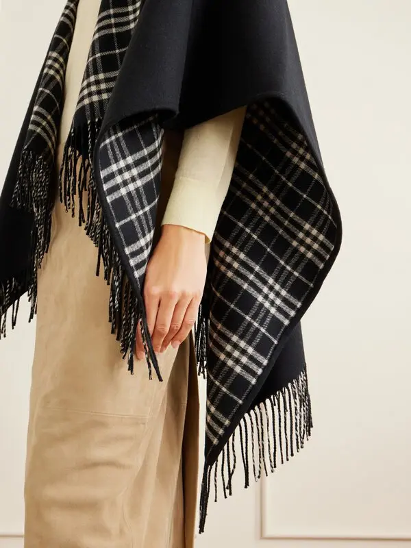 Burberry Reversible Fringed Checked Wool Cape - Black
