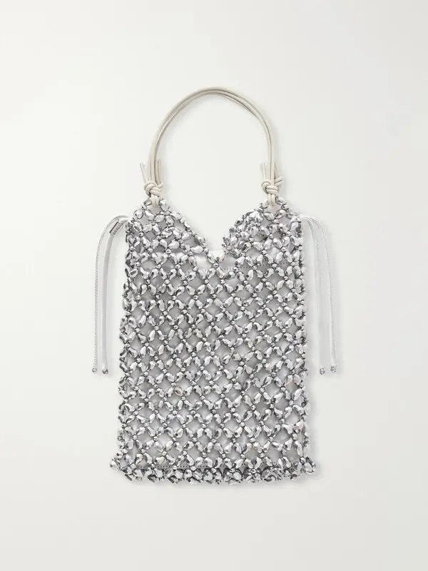 Staud Embellished Satin Shoulder Bag With Leather Trim - Silver