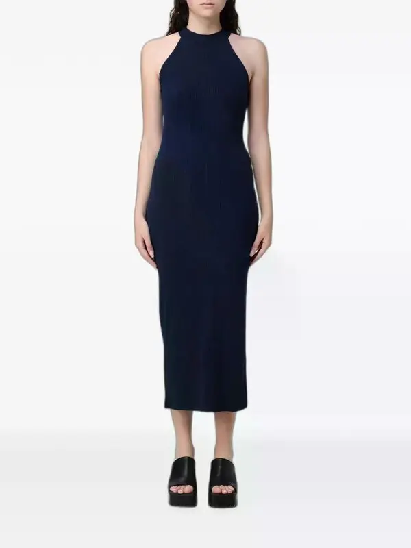 EA7 Ribbed Knit Halterneck Midi Dress - Blue
