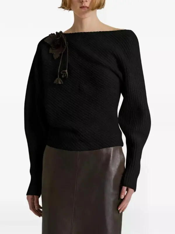 Alberta Ferretti Ribbed Knit Floral Appliqué Sweater - Black