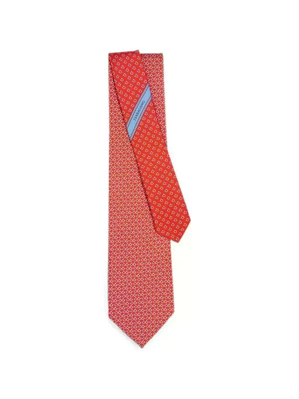 FERRAGAMO Gancini Square-print Silk Neck Tie - Red