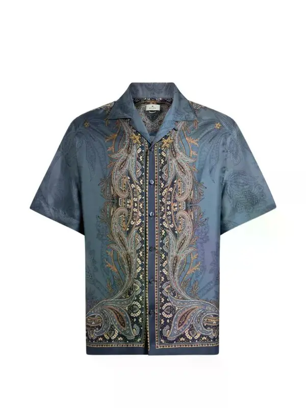 Etro Silk Bowling Shirt With Placed Pegaso-print - Blue