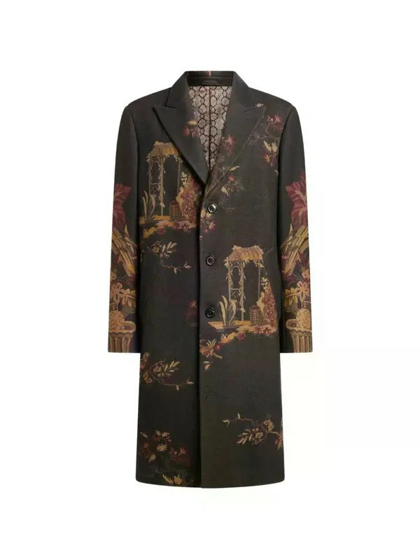 Etro Wool-blend Coat With Placed Flower And Animal Print - Brown