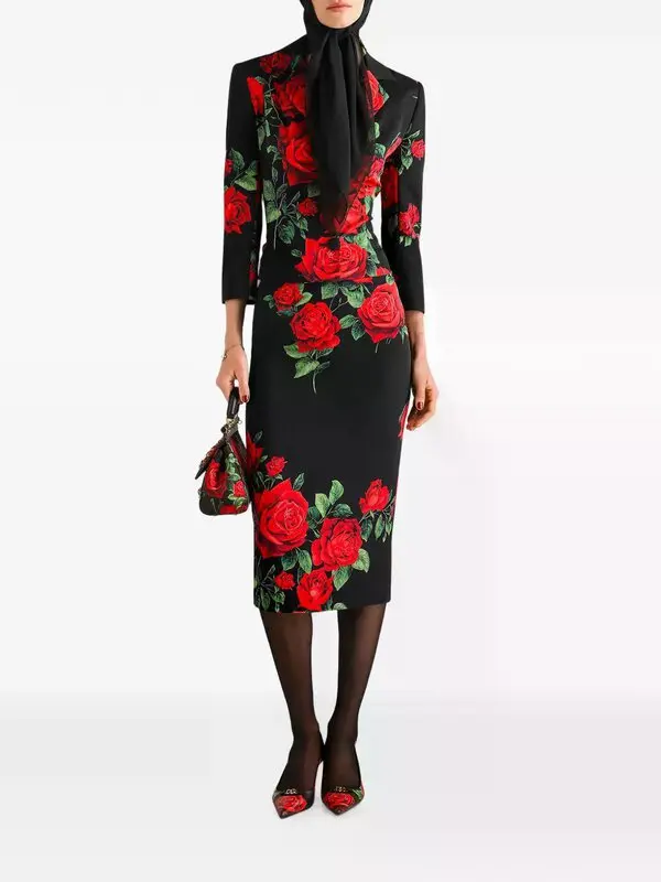 Dolce & Gabbana Rose Print Pencil Midi Skirt - Black