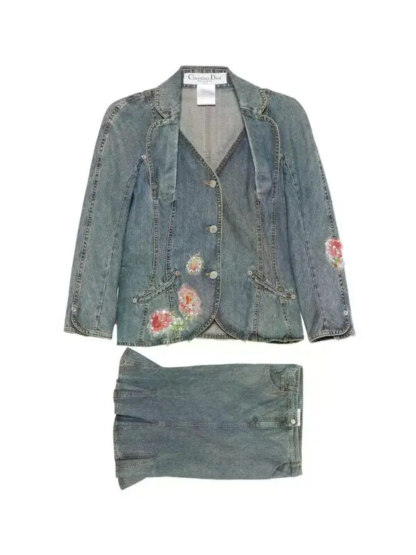 Dior Floral Patchwork Denim Jacket And Skirt Set - Blue