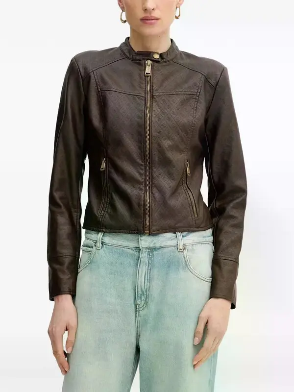 Guess Monogram-embossed Band-collar Jacket - Brown