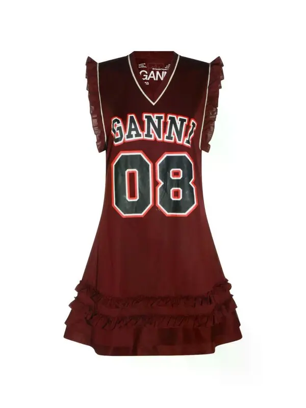 GANNI Burgundy Logo Print Mini Dress With Ruffled Trim - Red