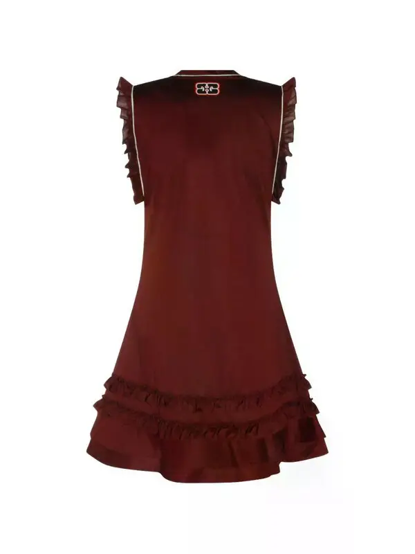 GANNI Burgundy Logo Print Mini Dress With Ruffled Trim