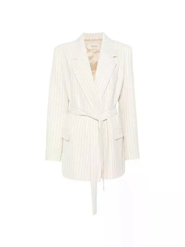 VICOLO Pinstripe Pattern Belted Blazer - Neutrals