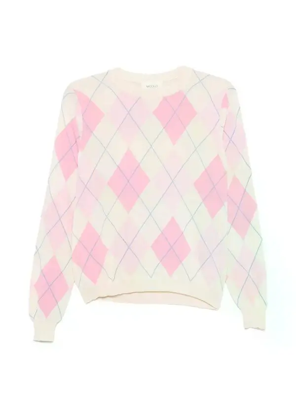 VICOLO Argyle Pattern Crew Neck Sweater - Neutrals