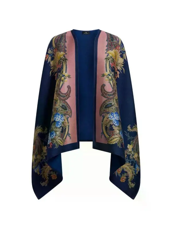 Etro Wool Cape With Placed Floral Paisley Print