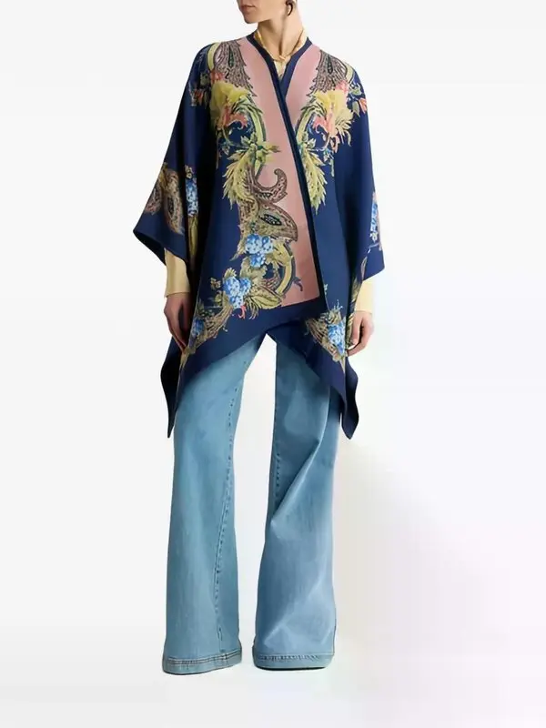 Etro Wool Cape With Placed Floral Paisley Print