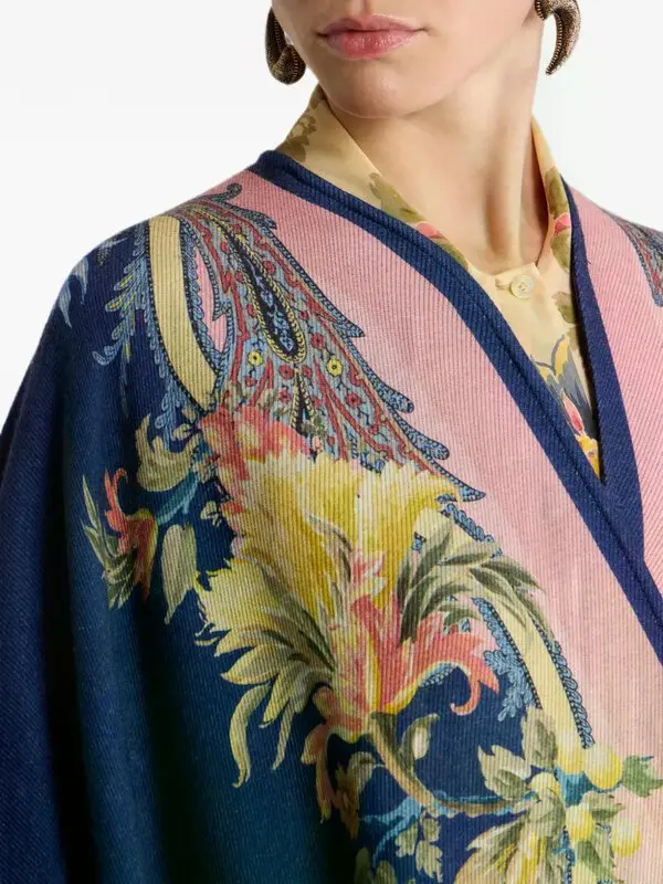 Etro Wool Cape With Placed Floral Paisley Print