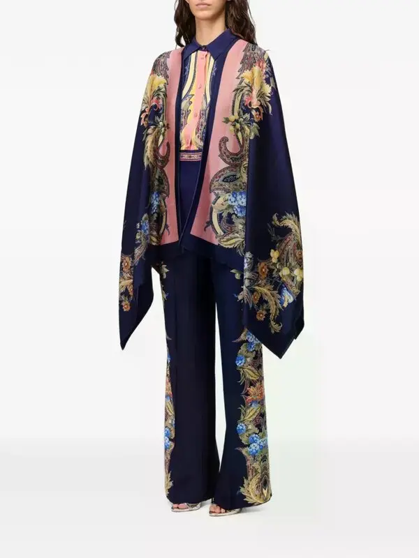 Etro Wool Cape With Placed Floral Paisley Print - Blue