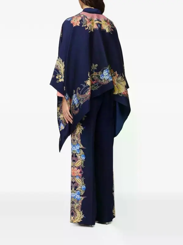 Etro Wool Cape With Placed Floral Paisley Print - Blue