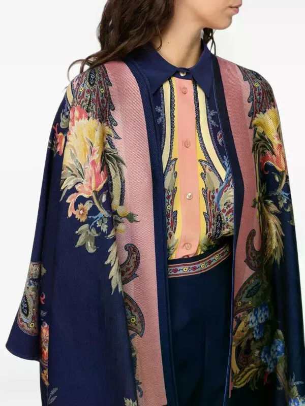 Etro Wool Cape With Placed Floral Paisley Print - Blue