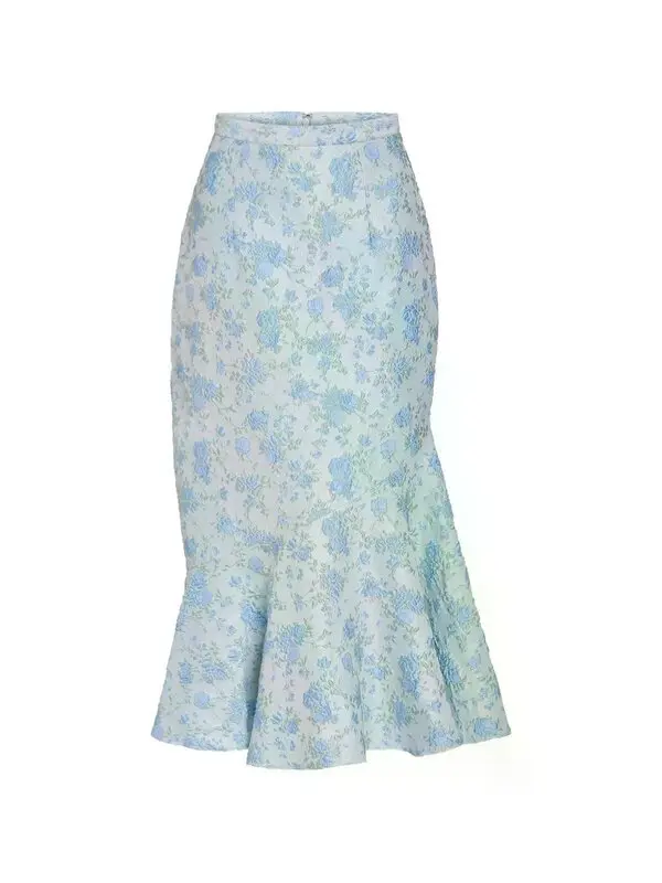 MARKARIAN Floral Brocade Asymmetric Flounce Midi Skirt - Blue