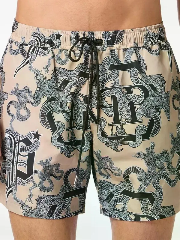 Philipp Plein Printed Swim Shorts With Metallic Logo - Neutrals