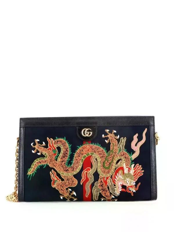 Gucci Ophidia Chain Embroidered Suede Medium Shoulder Bag - Blue