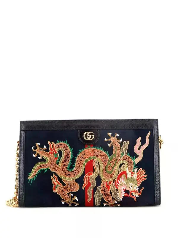 Gucci Ophidia Chain Embroidered Suede Medium Shoulder Bag - Blue