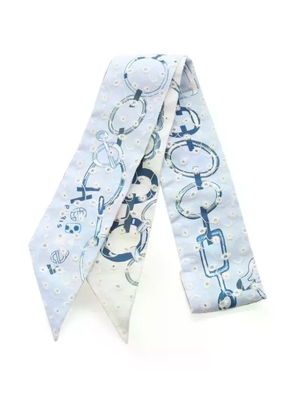 Hermès 2000s Twilly Do Re Boucles Broderie Anglaise Ribbon Scarf - Blue