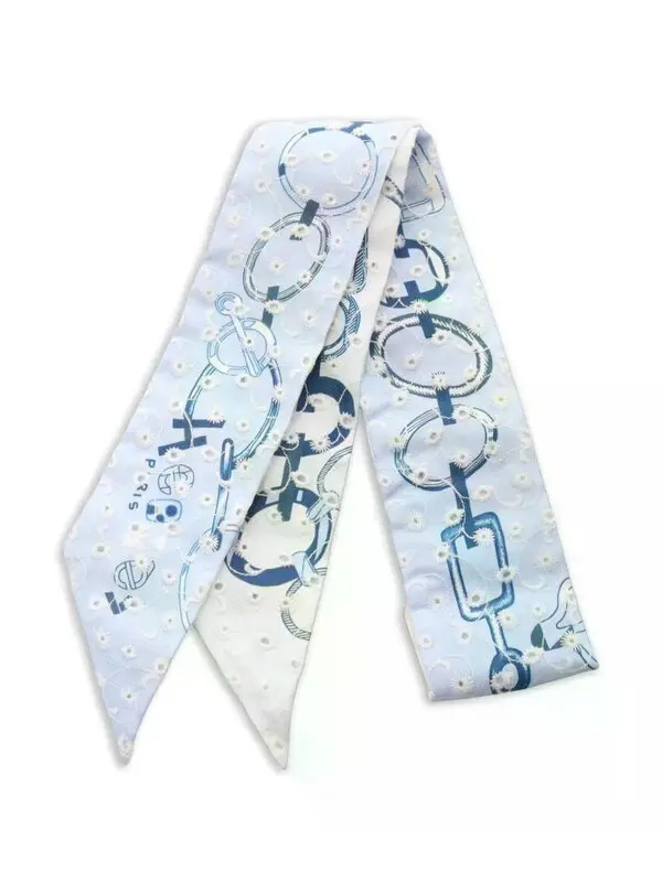 Hermès 2000s Twilly Do Re Boucles Broderie Anglaise Ribbon Scarf - Blue