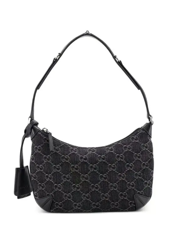 Gucci Horsebit Slim Gg Denim Shoulder Bag With Leather Accents - Black
