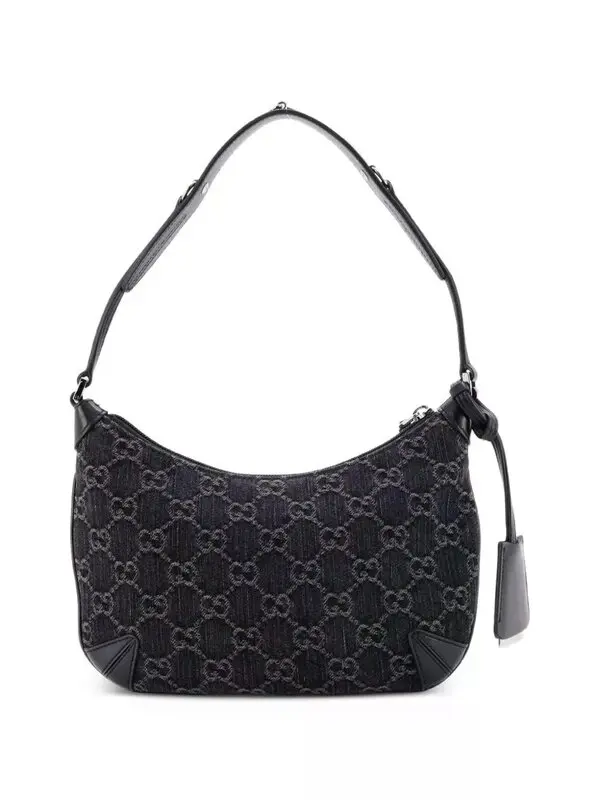 Gucci Horsebit Slim Gg Denim Shoulder Bag With Leather Accents - Black