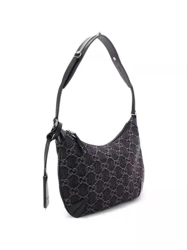 Gucci Horsebit Slim Gg Denim Shoulder Bag With Leather Accents - Black