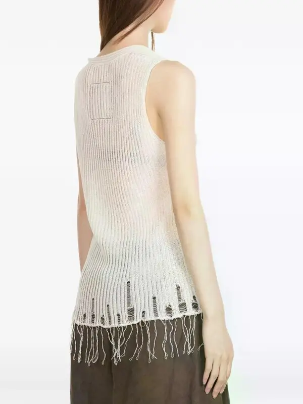 UMA WANG Distressed Fringed V-neck Sleeveless Knit Top - White