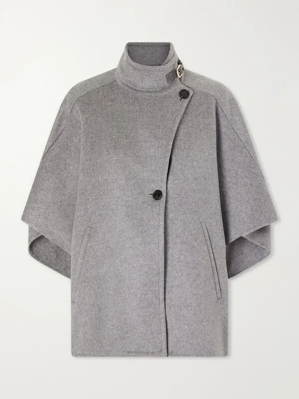Max Mara Buckled Leather-trimmed Cashmere Cape - Gray