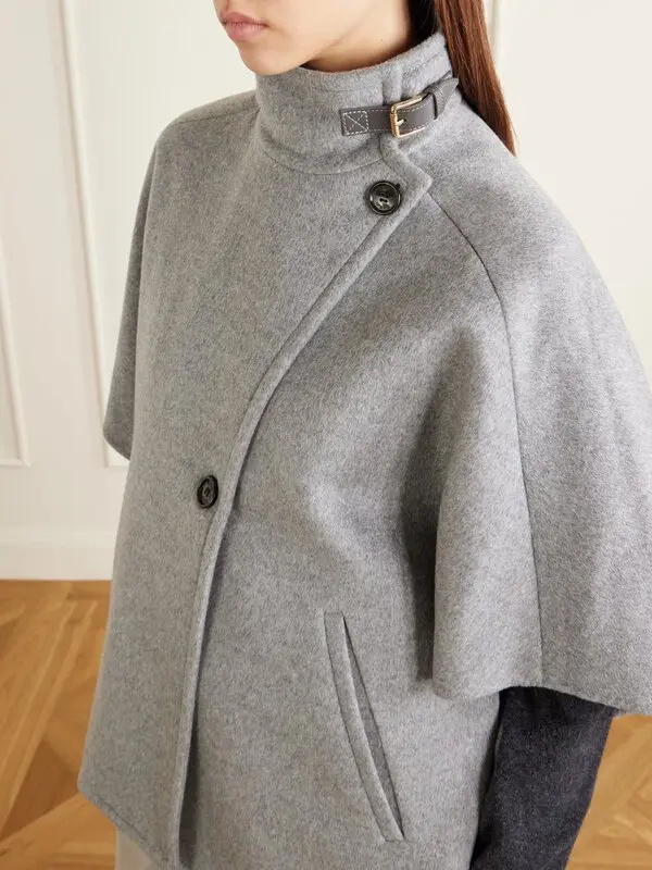Max Mara Buckled Leather-trimmed Cashmere Cape - Gray